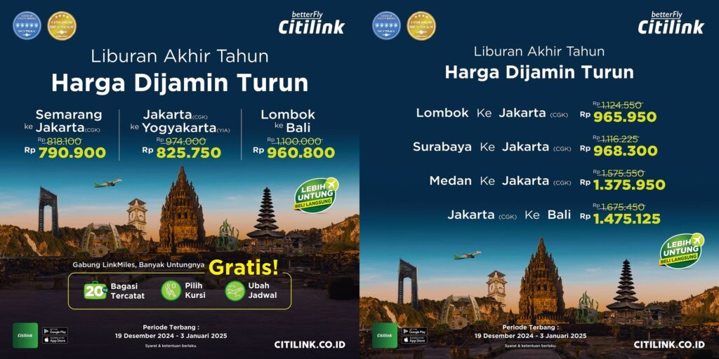 Promo Spesial Libur Nataru 2024 Tiket Pesawat Citilink untuk Destinasi Populer Indonesia, Harga ...